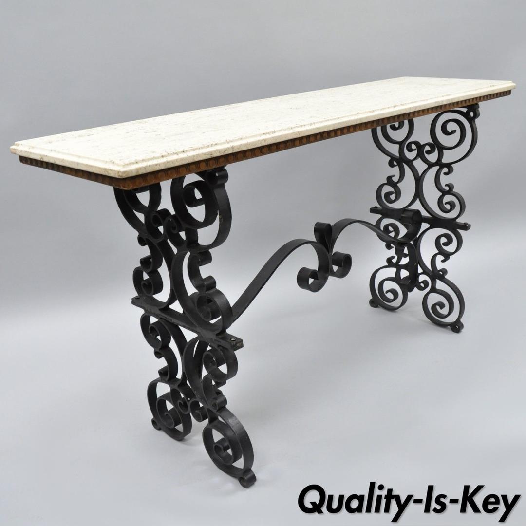 Gothic Scrolling Wrought Iron Console Hall Pastry Sofa Table Travertine ...