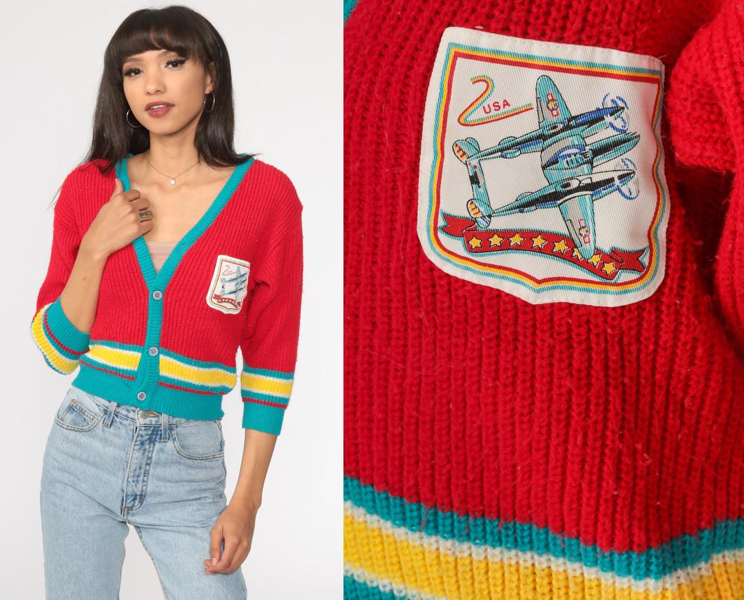 Cropped Airplane Cardigan 80s Sweater Striped Plane Print Crop Acrylic ...
