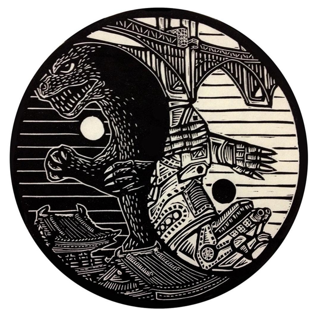 Godzilla/Mechagodzilla Yin Yang Linocut Print | Woodcut Emporium ...