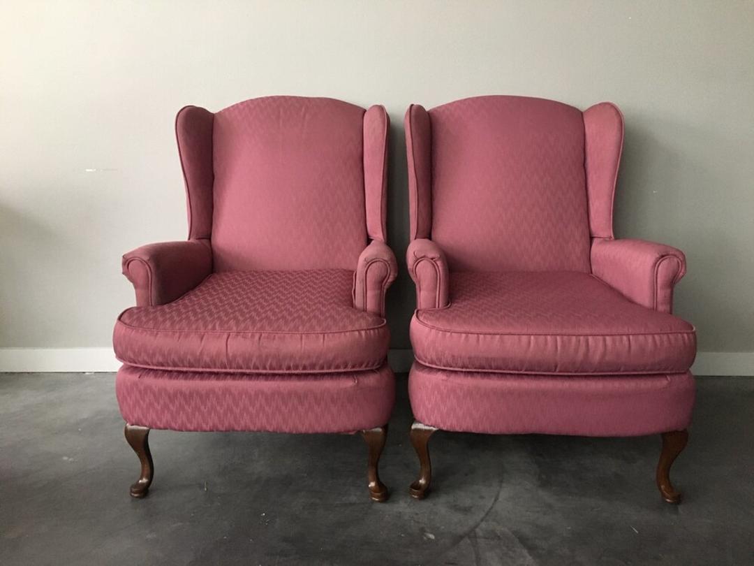 pair of vintage wingback chairs in rose pink. | ReRunRoom | Seattle, WA