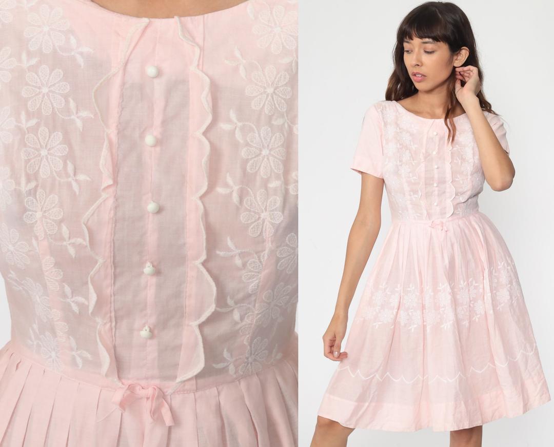 60s Pink Dress Party Floral Embroidered Dress 1960s Dress Midi | Shop ...