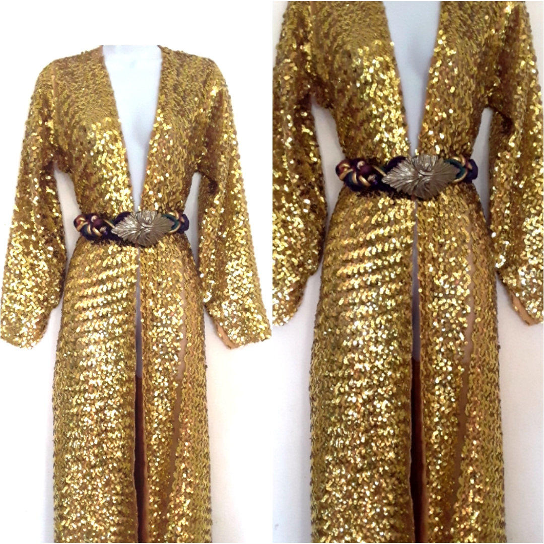 Rare 1970's Vintage gold SEQUIN Duster MAXI DRESS gold sequin ...