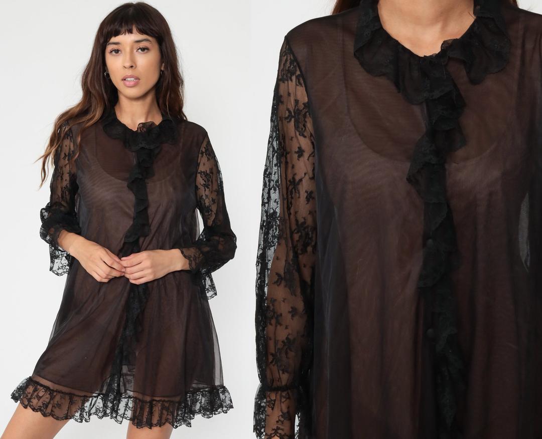 Sheer Black Robe Lingerie Jacket 70s LACE Robe Bed Jacket | Shop Exile | Tucson, AZ