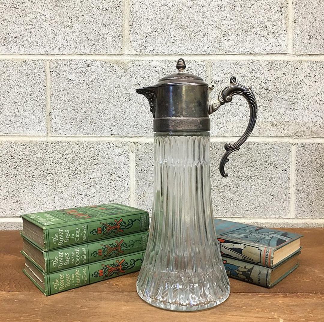 Vintage Crystal and Silver Glass Pitcher Retro Ornate Metal Lid ...