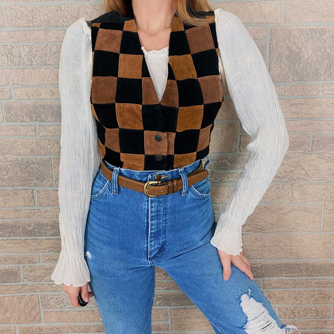 80's Checkered Patchwork Suede Vest | Noteworthy Garments | Atlanta, GA