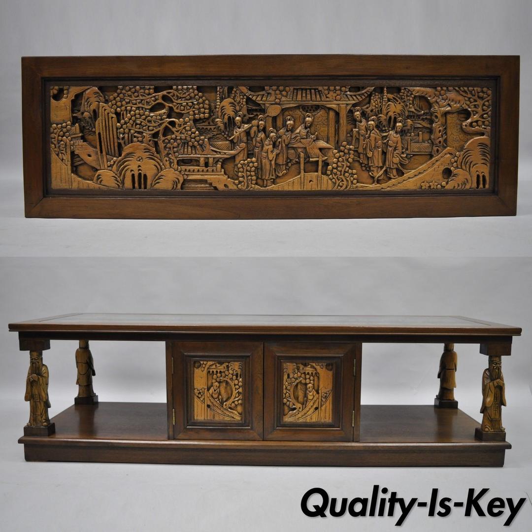 Vintage Carved Oriental Asian Figures Coffee Table Cabinet Old Chinese ...