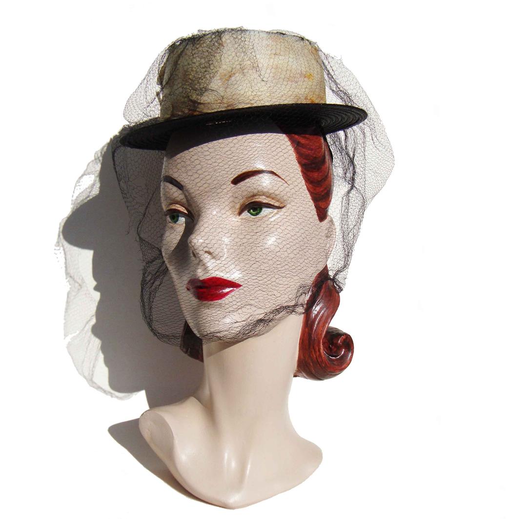 Vintage 40s Hat Black Straw & White Feathers Tilt Hat Boater | Metro ...