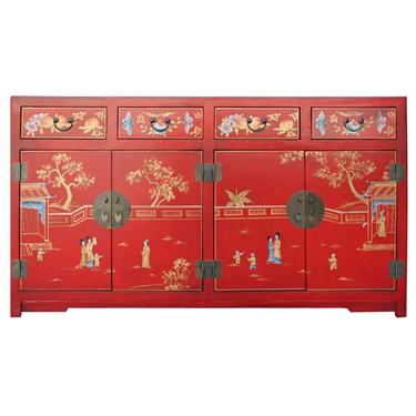 Chinese Red Vinyl Oriental Graphic Sideboard Buffet Table Cabinet ...