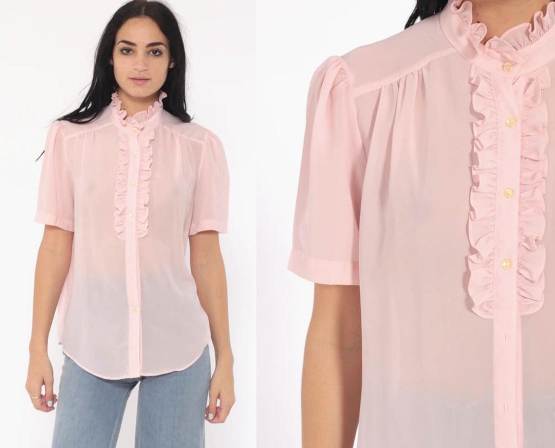 Pink Ruffle Blouse 80s TUXEDO Button Up SHEER Top 1980s | Shop Exile ...