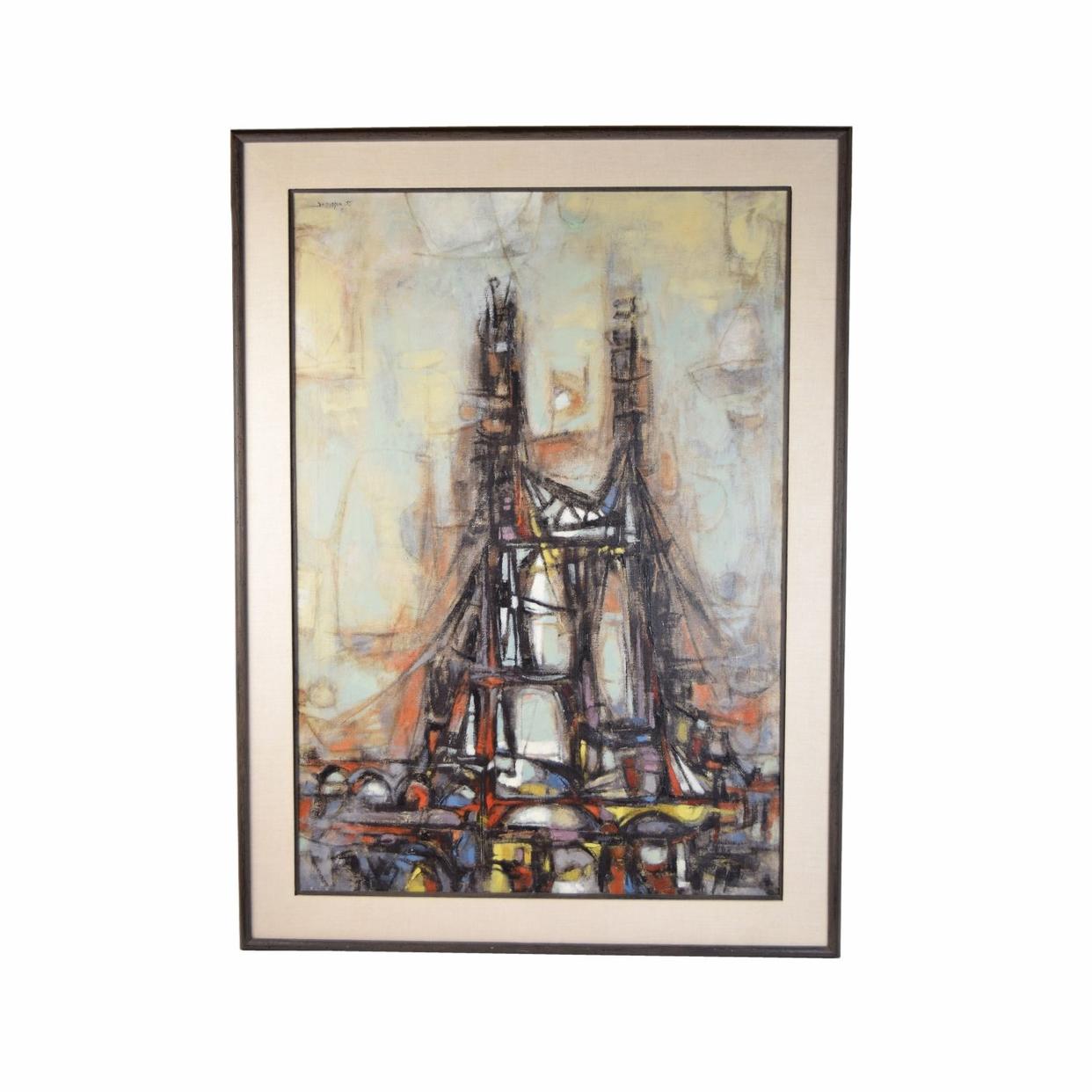 1955 Architectural Bridge Abstract Oil Painting Arthur Jacobson Chicago ...