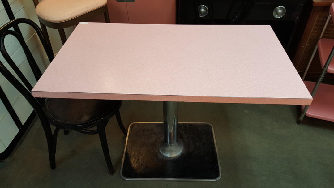 Vintage small-scale pink formica table with amoeba details and chrome ...