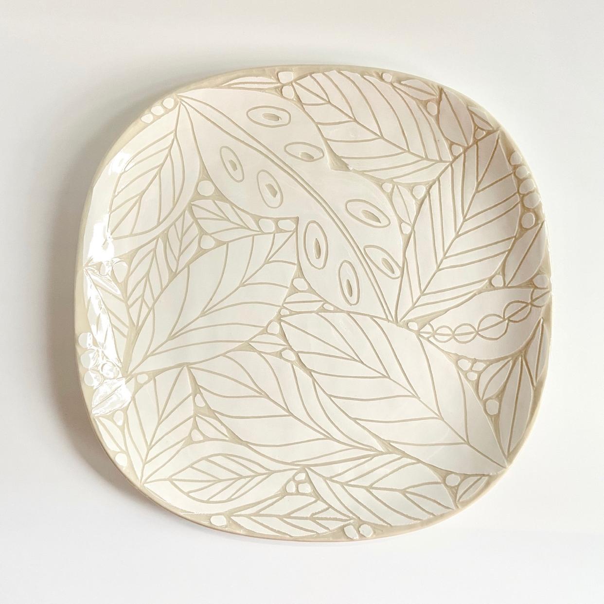White Leaf Pattern Sgraffito Plate | Kuzeh - Washington, DC | ATTIC