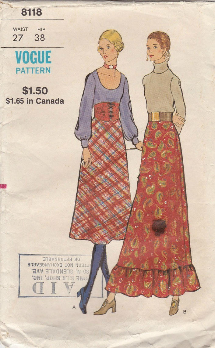 Vintage 1970s Vogue Sewing Pattern 8118 Misses Skirt / Waist 27 | Ranch ...