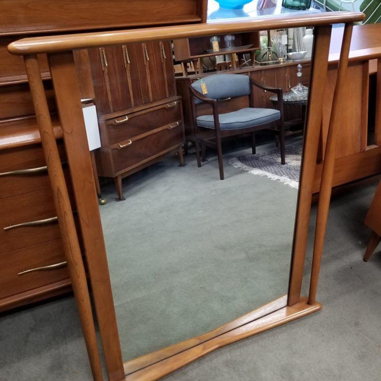 Mid-Century Modern walnut mirror with bowed accents | Peg Leg Vintage ...