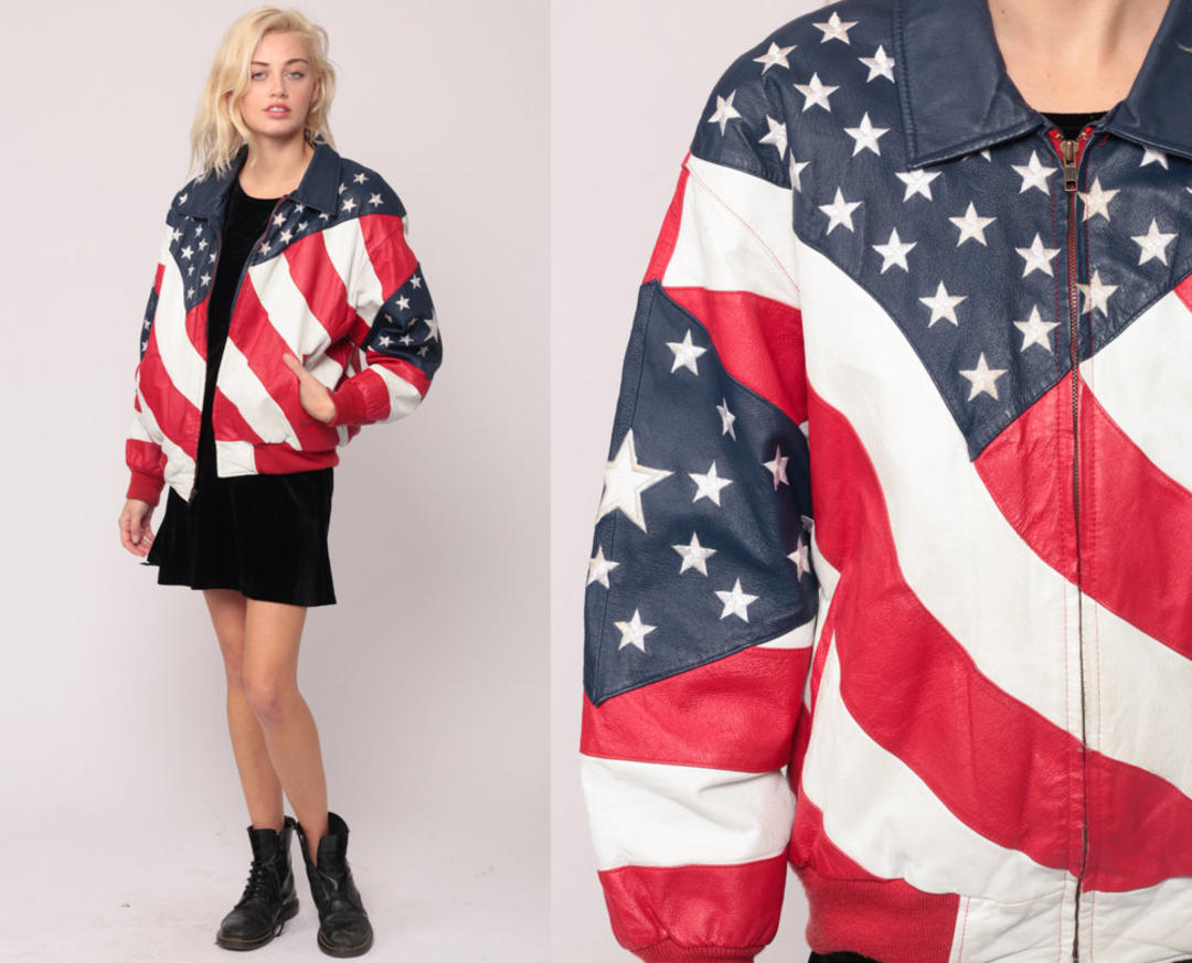 American Flag Jacket 80s LEATHER Jacket Biker Jacket Motorcycle USA ...