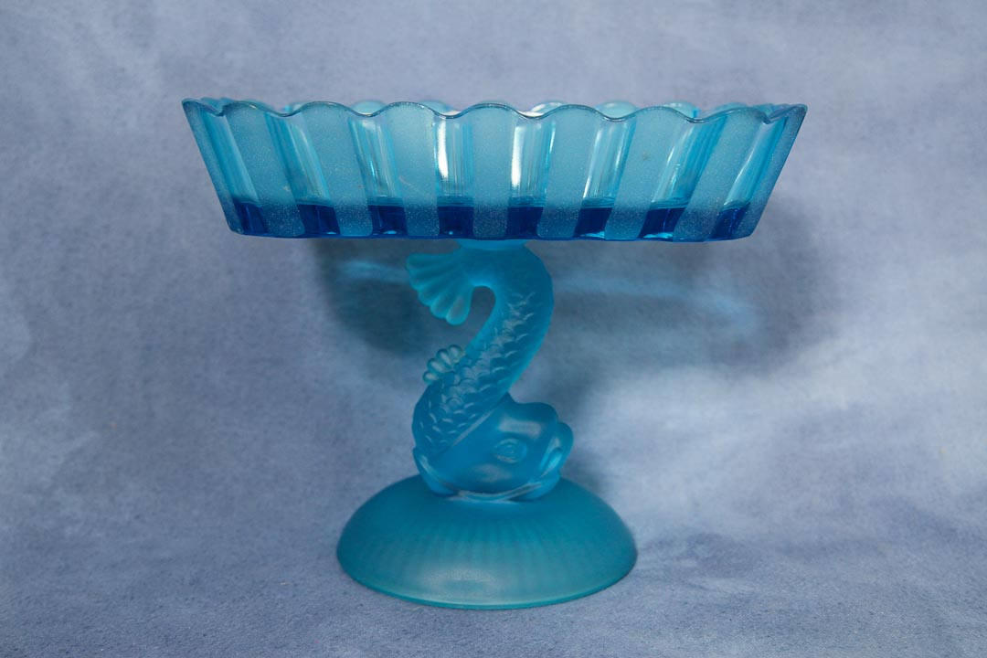 Gorgeous Blue Frosted Glass Dolphin Dish Compote, Stand Tray, Fostoria ...