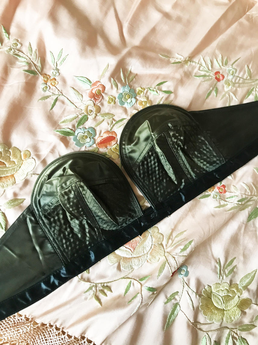 Vintage 40s strapless bra / olive & black satin overwire bra / pin ...