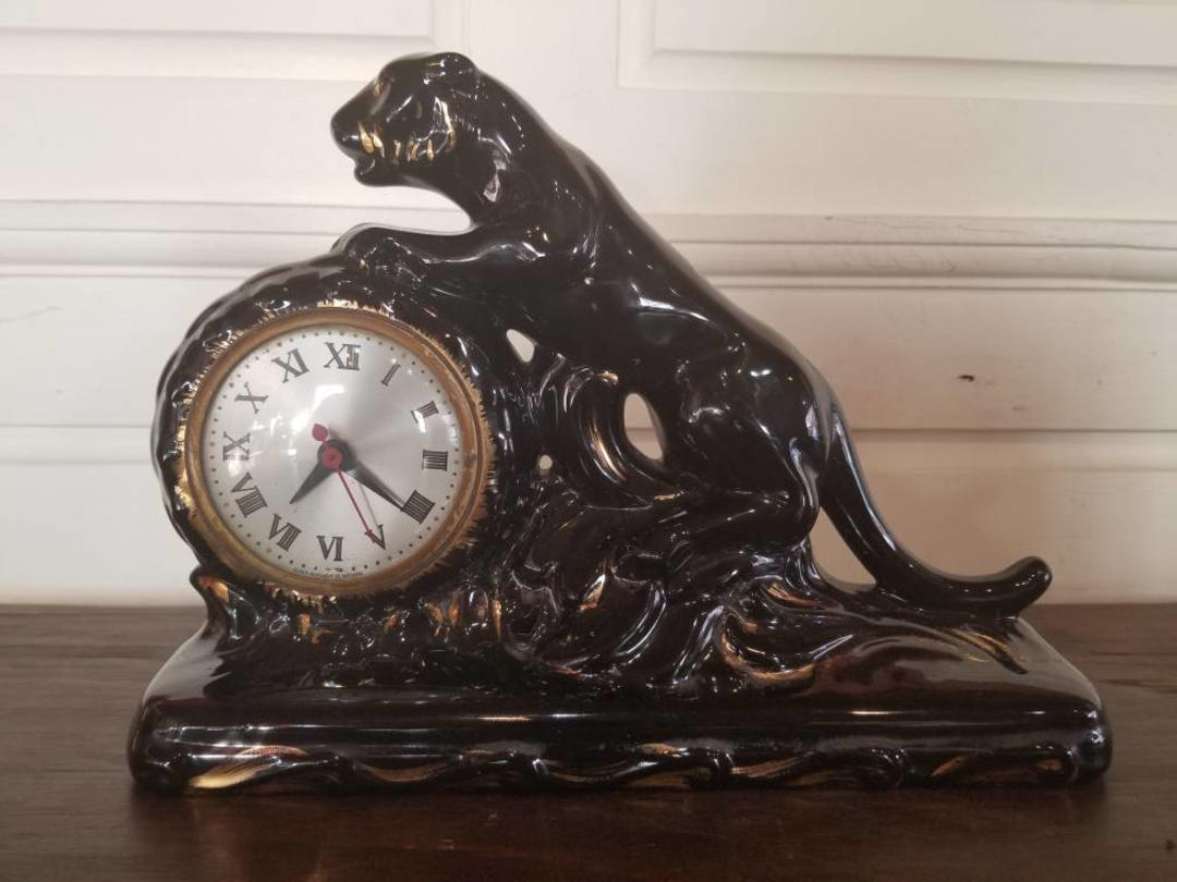 Mid Century Modern Black Panther Ceramic Clock with Hand Painted ...