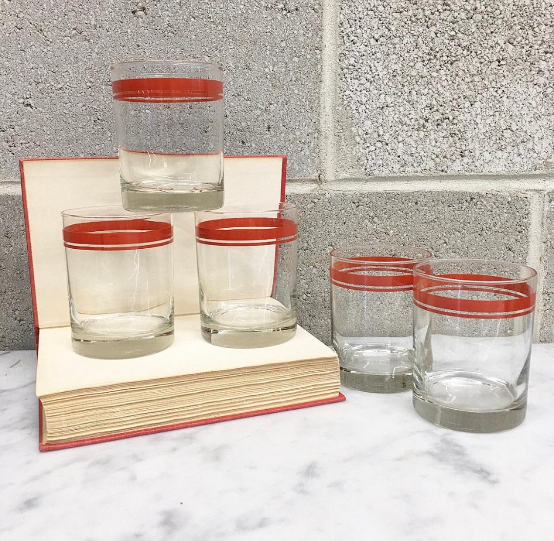 Vintage Drinking Glasses Retro 1980s Clear + Red Stripe + Set of 5 ...