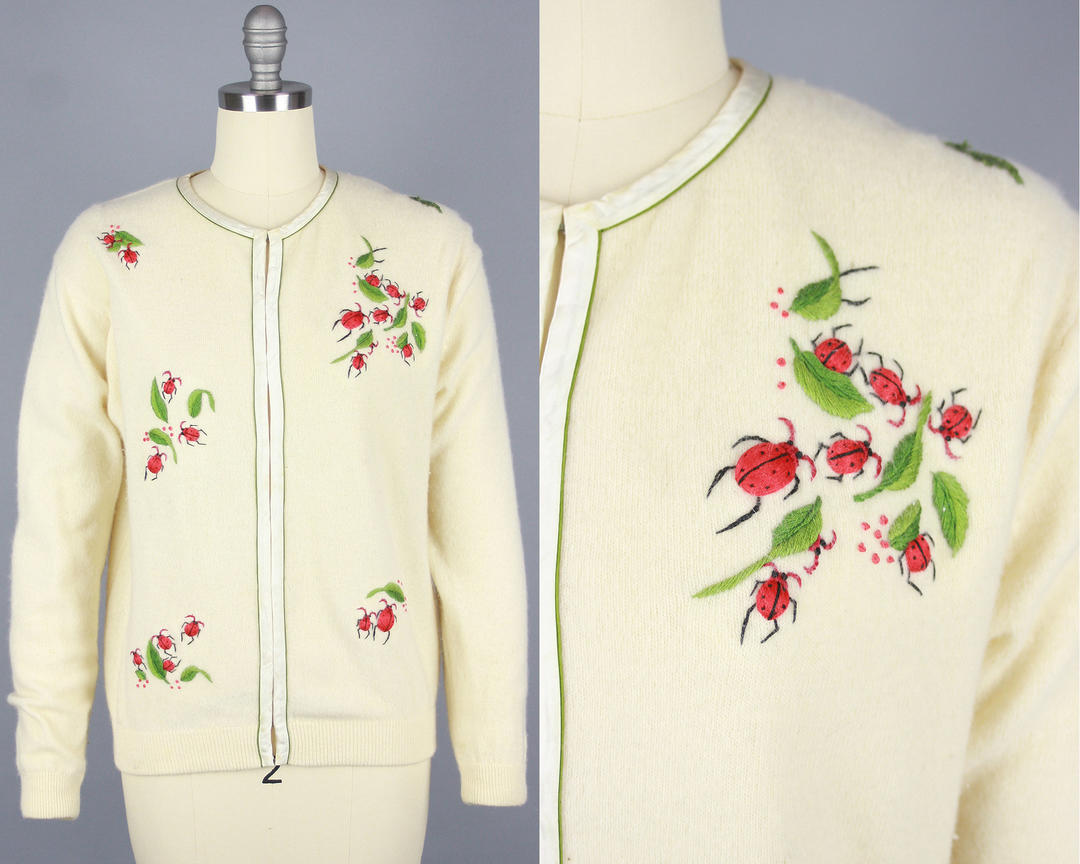 1960s LADYBUG Cardigan | Vintage 60s Ivory Sweater with 3D Red | Relic ...