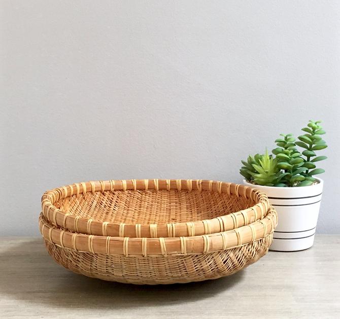 Pair Woven Winnowing Baskets Round Bamboo Wicker Shallow Rattan Bowls ...