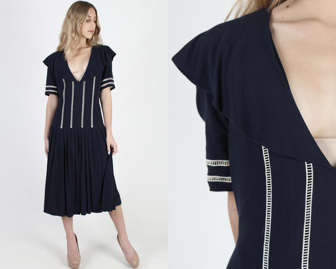 Navy Sailor Dress Vintage 80s Nautical Inspired Dress Wide Collar ...
