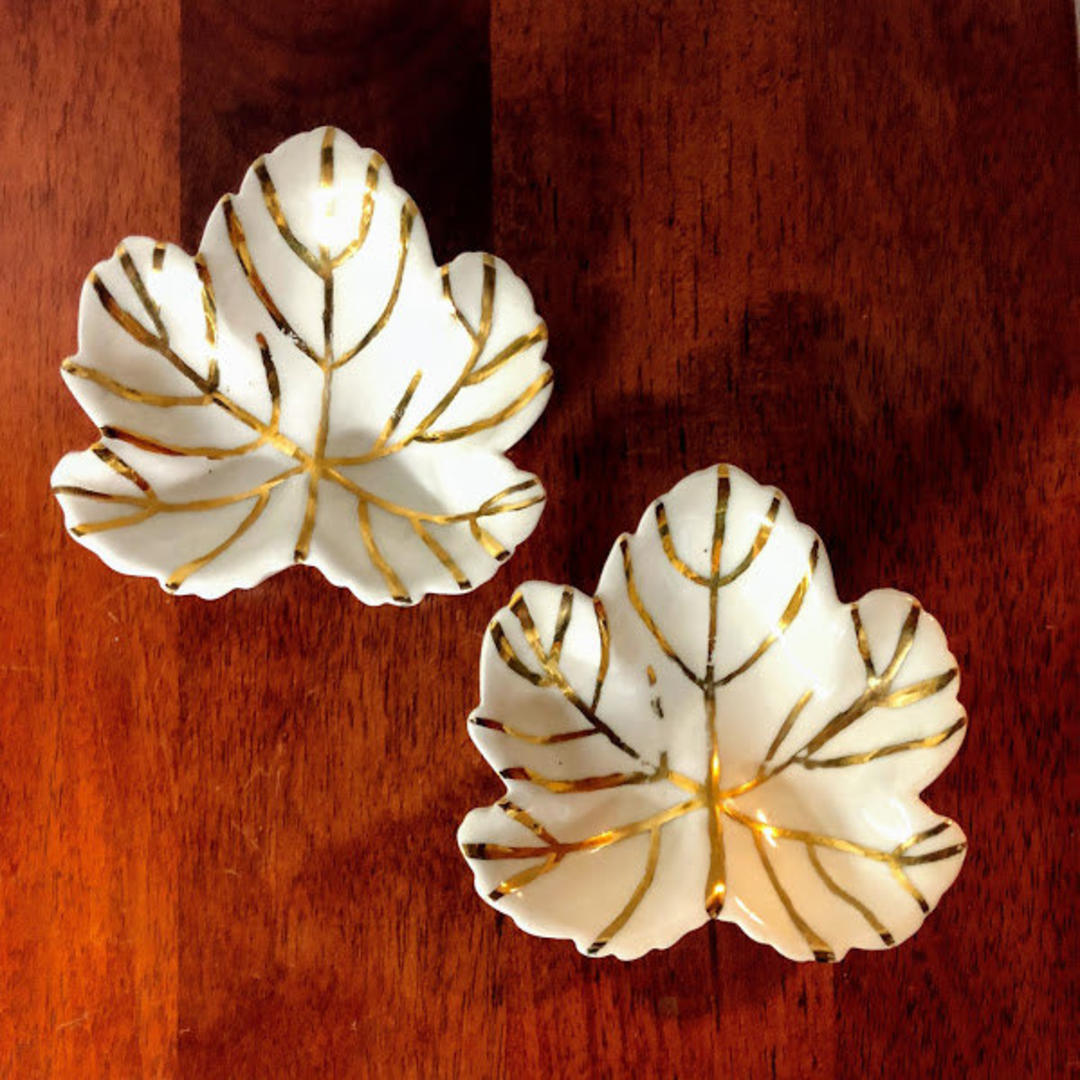 Vintage Pair of White Leaf Shaped Candy Dishes with Gold | Over the ...