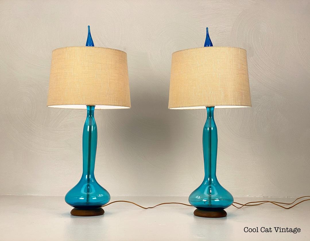 Pair of Handblown Blenko Turquoise Glass Table Lamps, Circa 1960s ...