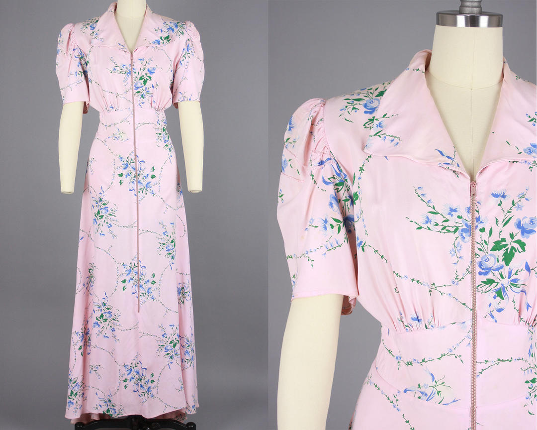 1940s Zip Front Rayon Robe | Vintage 40s Pink Floral House | Relic ...