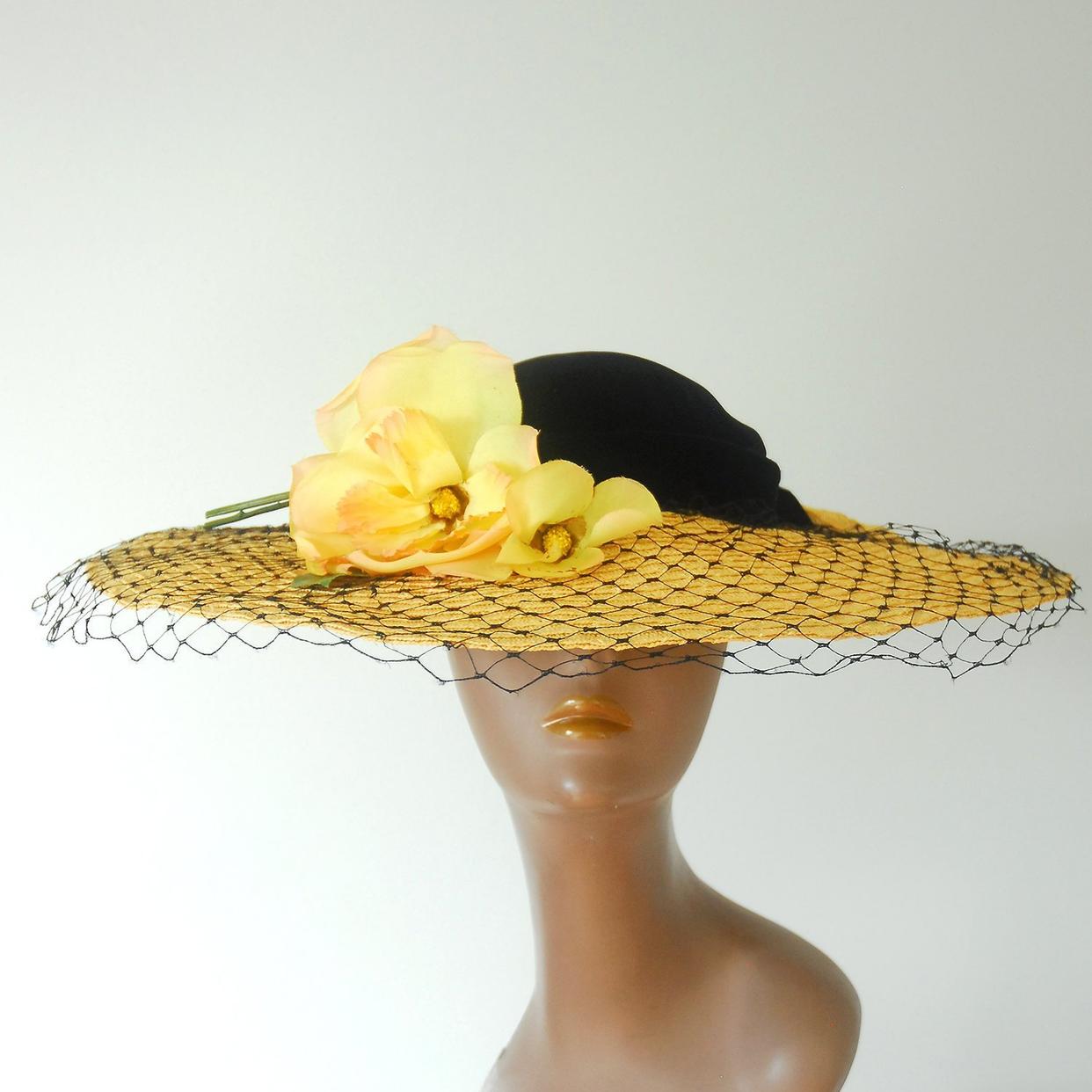 Ingrid Crain 1940s straw hat, velvet wide brim | Erstwhile Style ...