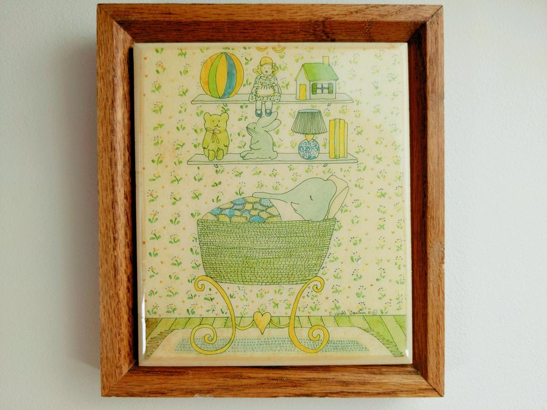Vintage Susan Verble Gantner Framed Art Tile | Baby Elephant Sleeping ...