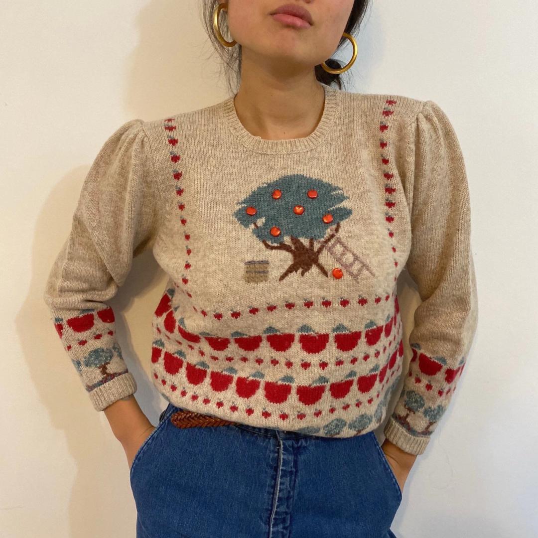 80s intarsia apple puff sleeve sweater / vintage wool hand embroidered ...