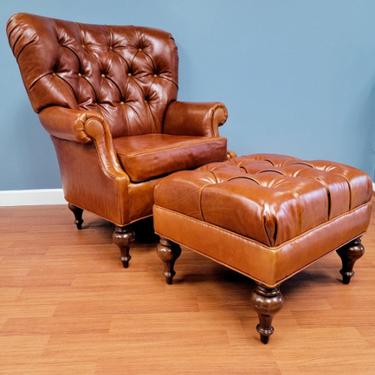 Vintage English Chesterfield Chair and Ottoman Newly Upholstered in a Vintage Grind House Chicago IL