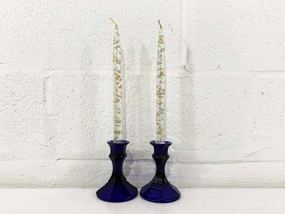 True Vintage Glass Cobalt Blue Candle Holders Pair Candlesticks Decor ...