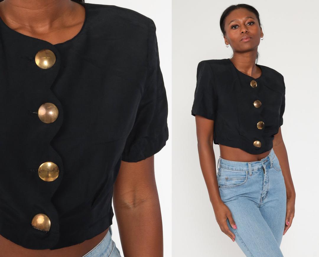 Black Cropped Blouse 90s Plain Crop Top 1990s Shirt Collared | Shop ...