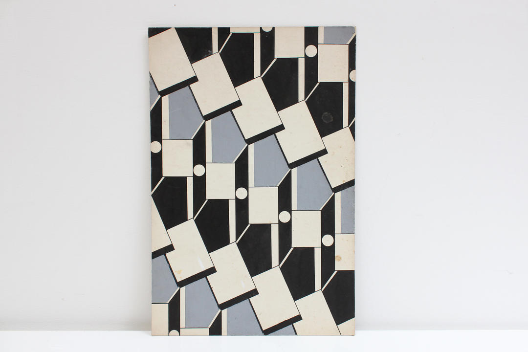 1949 Mid Century Modern Abstract Painting Hand Drawn Geometric Atomic ...