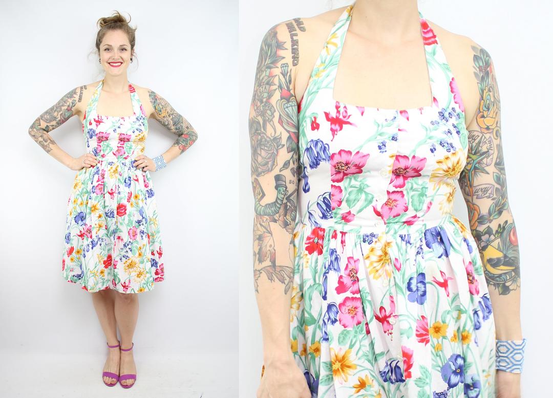 Vintage 80's 90's White Floral Sun Halter Dress / 1980's Summer | Ruby ...