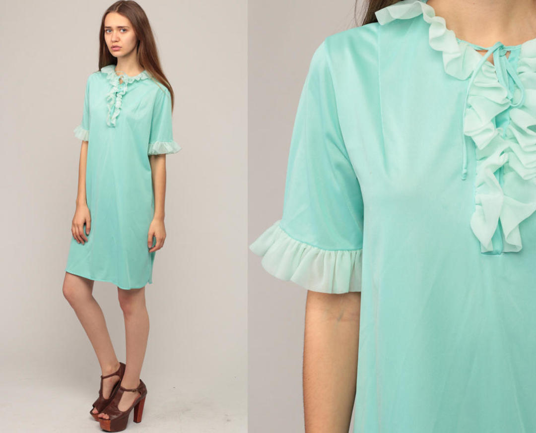 70s Nightgown Lingerie Pajama Dress 60s Mini Seafoam Blue Nightie ...