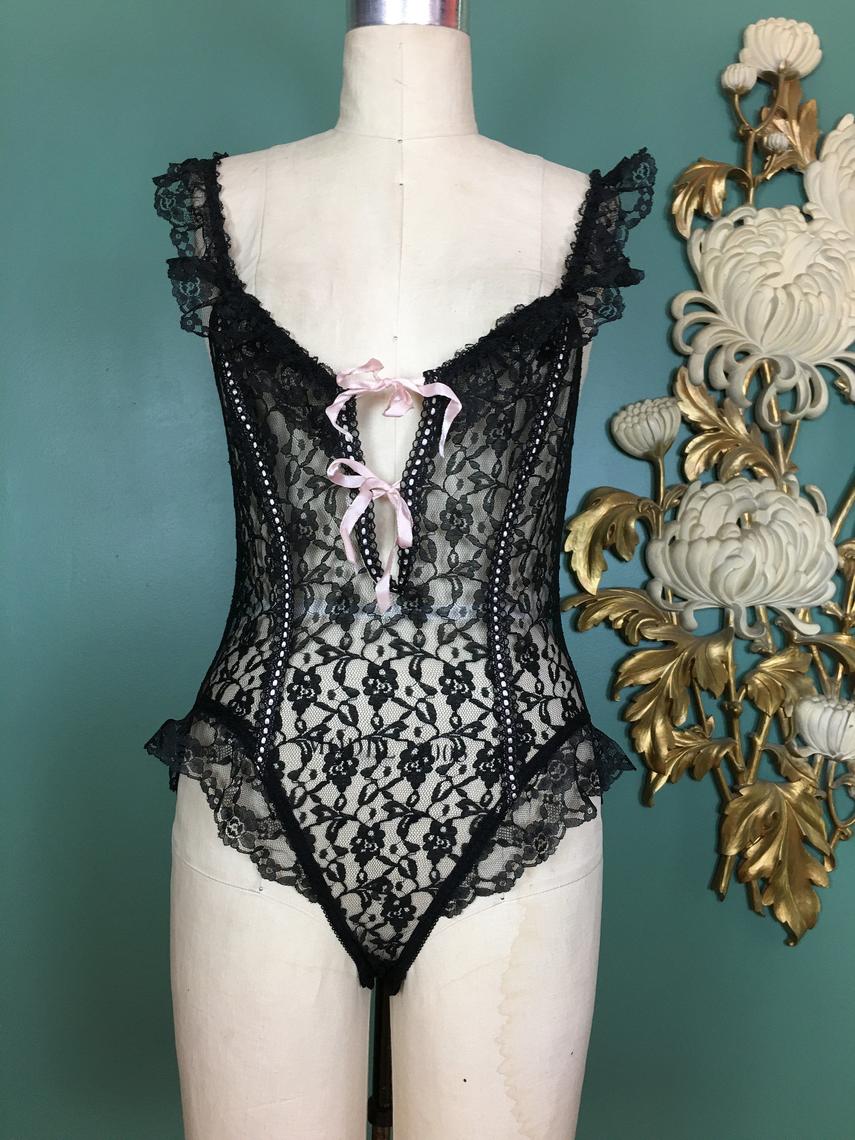 Black Lace Teddy See Though Sexy Lingerie Vintage Teddy One Black