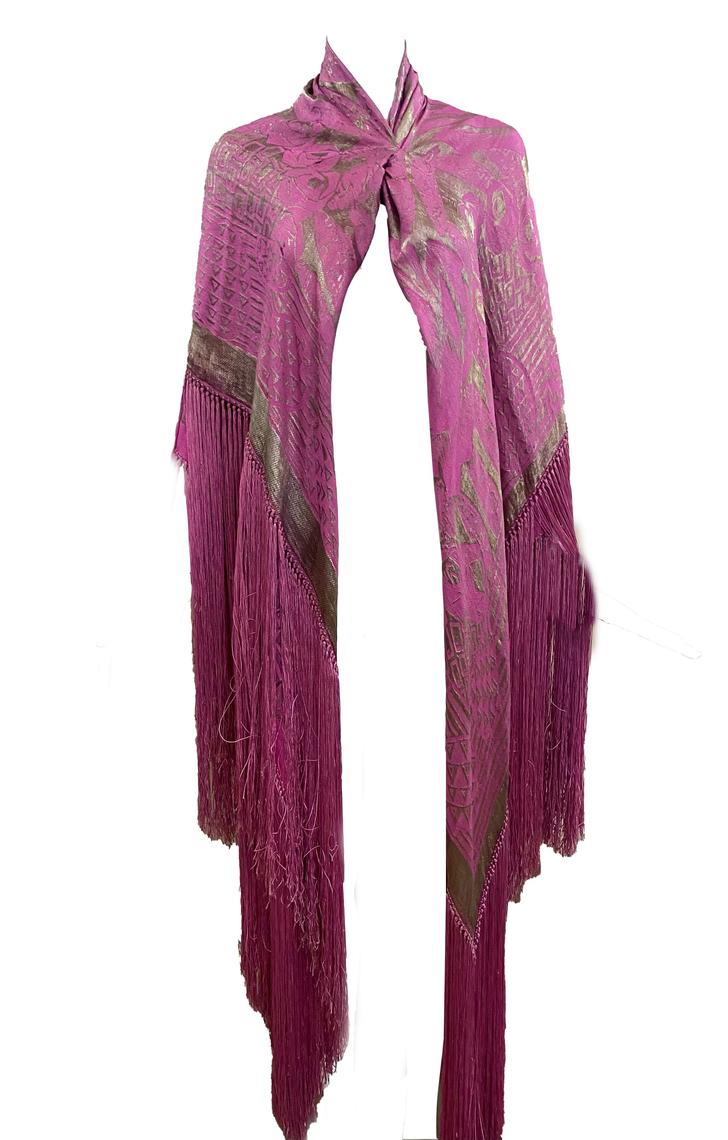 20s Shawl Pink Art Deco Lame with Long Knotted Fringe | The Way We Wore ...