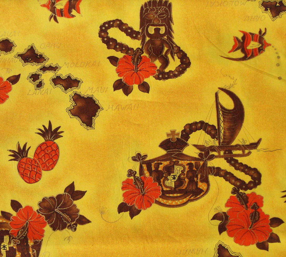 Vintage Hawaiian Fabric Yellow Tiki Polynesian Novelty Print 3 Yds ...