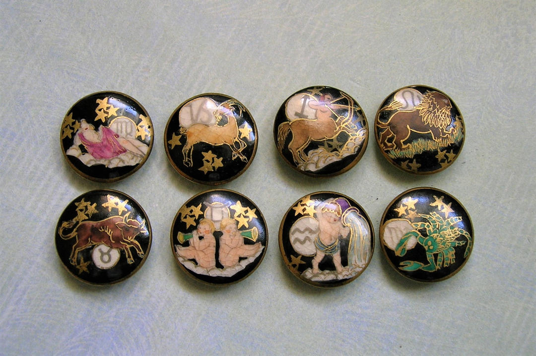 Eight Vintage Japanese Porcelain Buttons with Zodiac Signs, Japanese ...