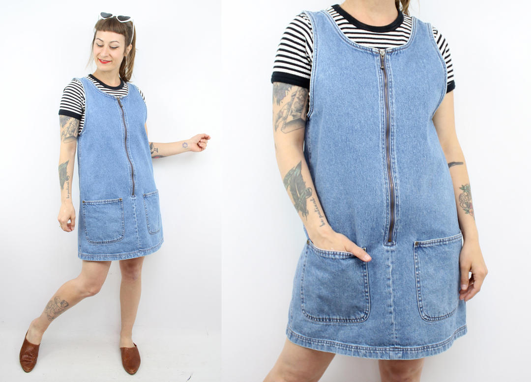 Vintage 90's Blue Denim Jumper Dress / 1990's Zip Front Denim | Ruby ...