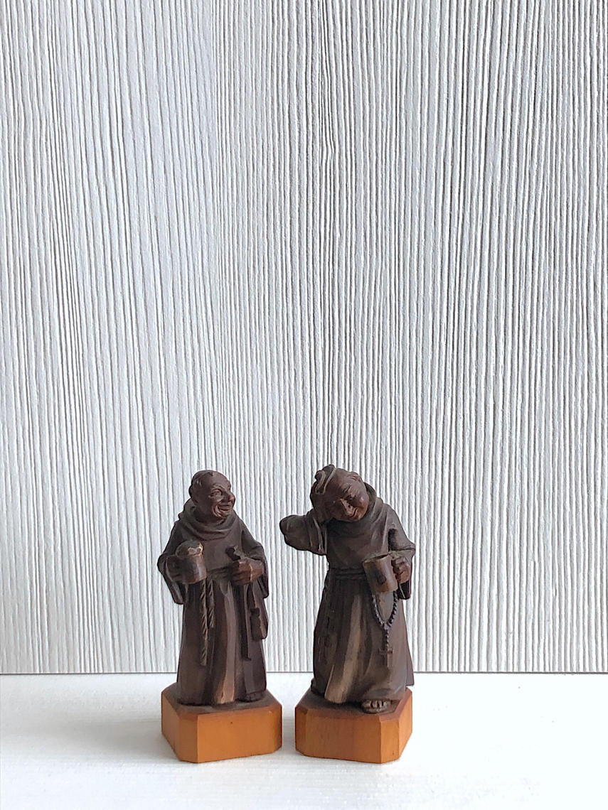 Vintage Carved Wood Pair of Tori Art Sculptures of Monks | Swanky ...