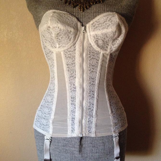 Vintage 50s 60s Sheer Lace Bustier Corset with Garters Zip | Cosmic ...