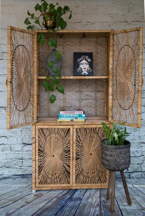 SHIPPING NOT FREE!!! Sunburst Vintage Rattan Cabinet/ Wicker Hutch ...