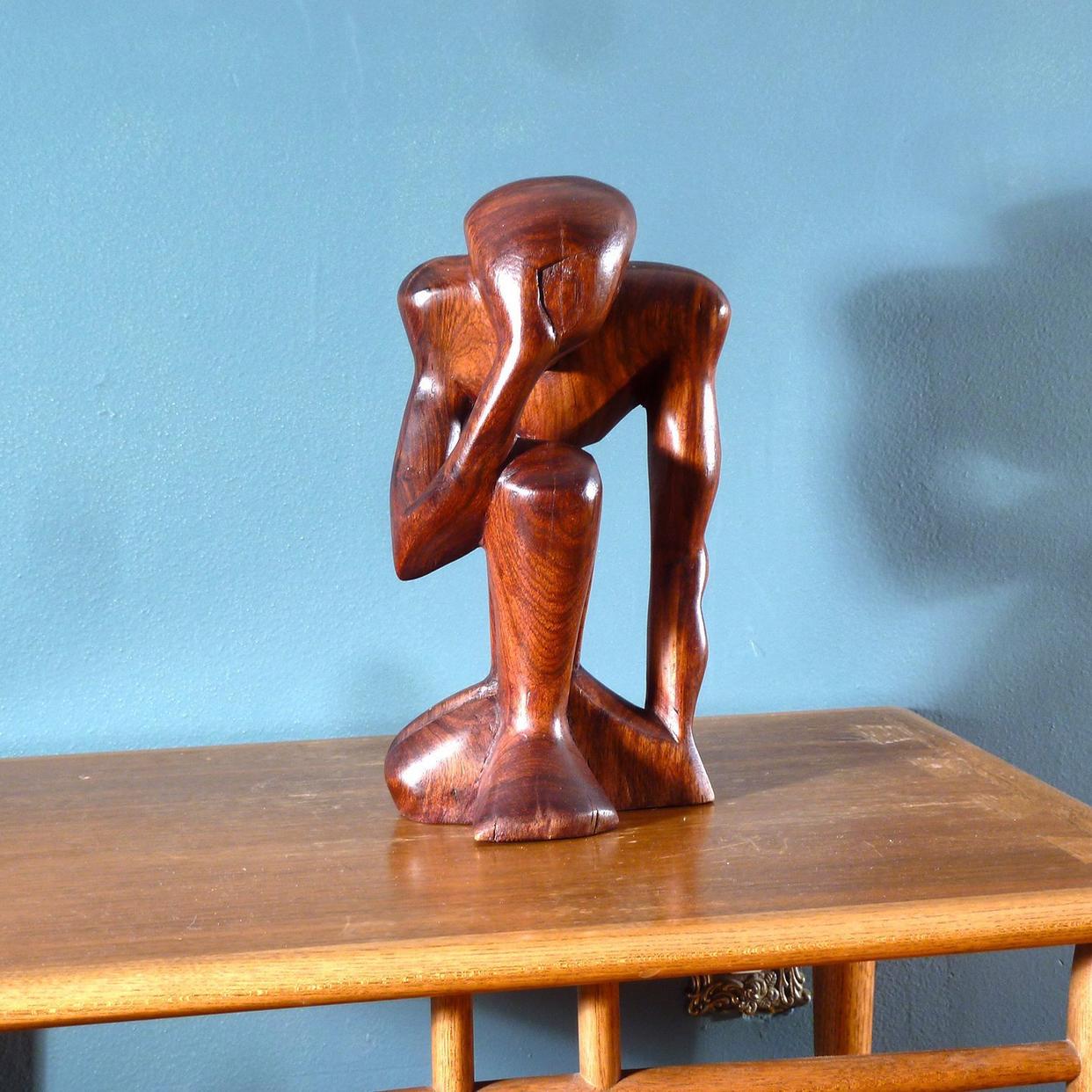 Vintage Large Carved Walnut Wood Thinking Man Statue | Fly Times ...