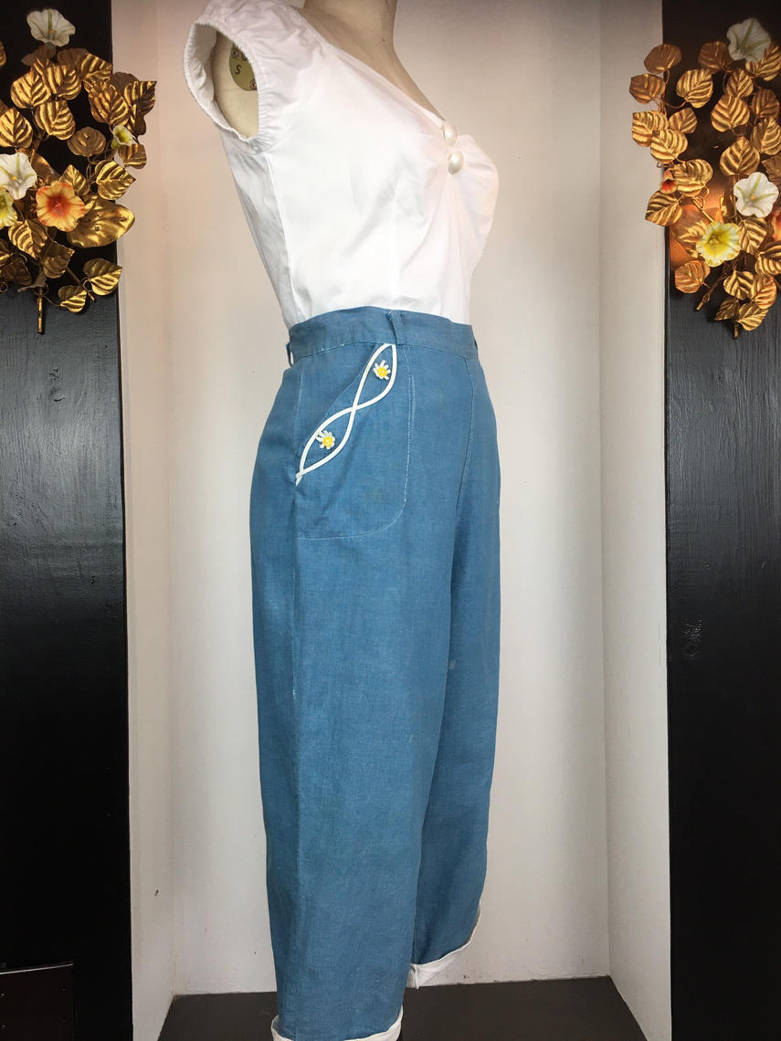 1950s cropped pants, vintage 50s pants, 1950s pedal pushers, chambray ...