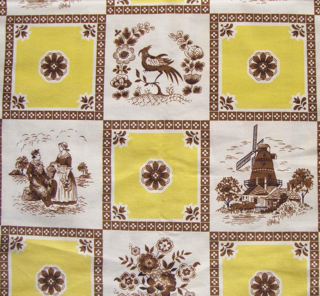 Vintage Dutch Colonial Fabric Scenic Farm Block Print 1.5 Yds | Metro ...