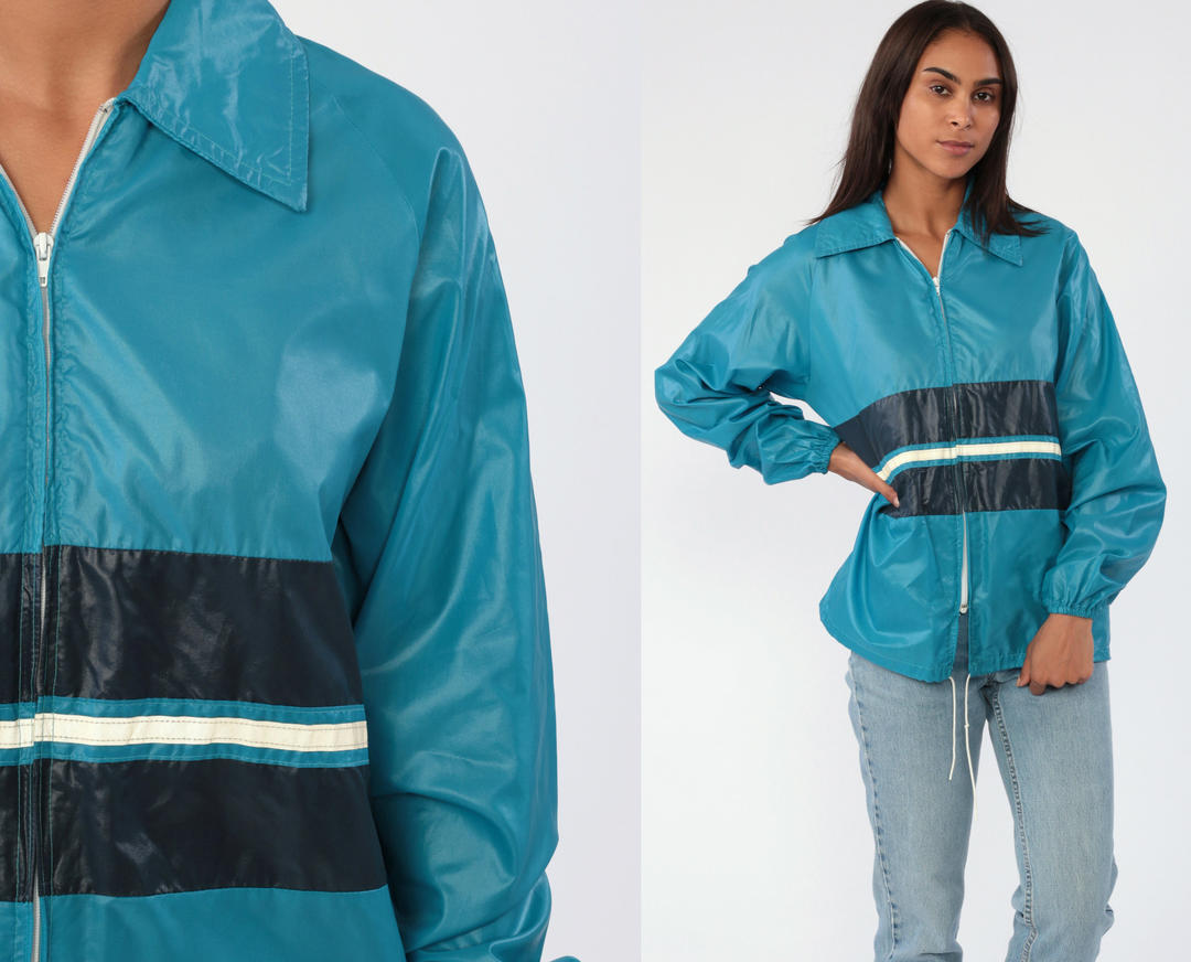 70s Windbreaker Jacket Blue Striped Jacket Shiny Nylon Jacket 80s ...